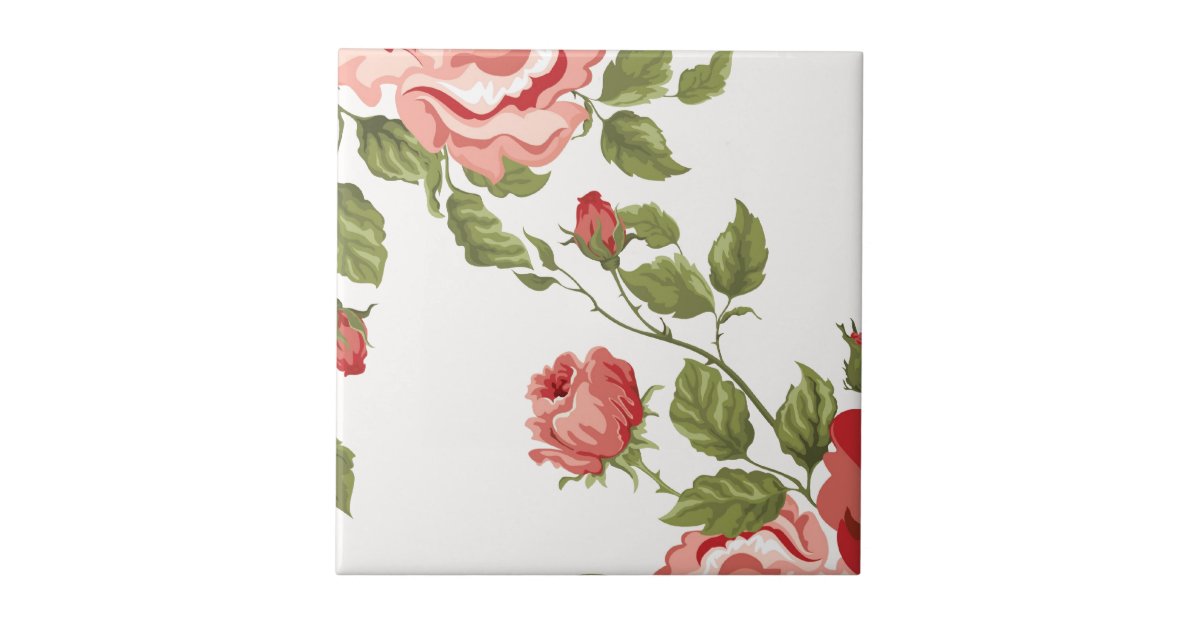 Vintage Elegant Pretty Pink Red Roses Pattern Ceramic Tile | Zazzle