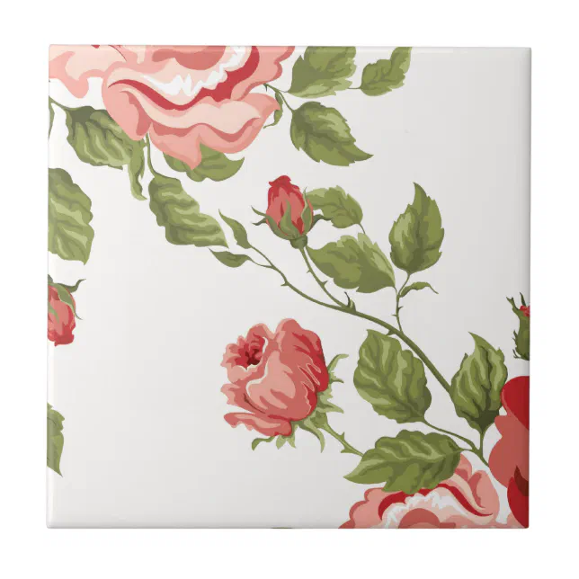 Vintage Elegant Pretty Pink Red Roses Pattern Ceramic Tile | Zazzle