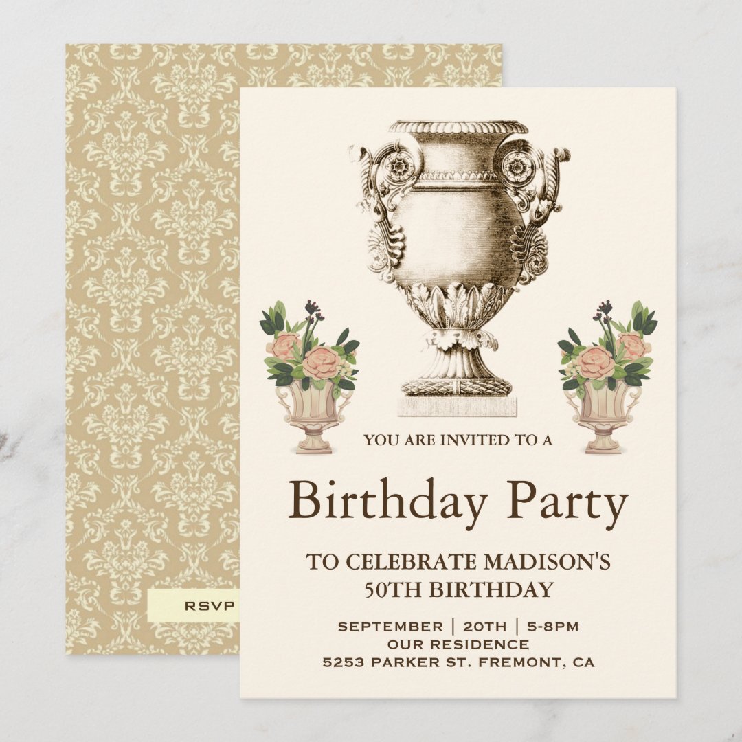 Vintage Elegant Victorian Vase Birthday Party Invitation | Zazzle