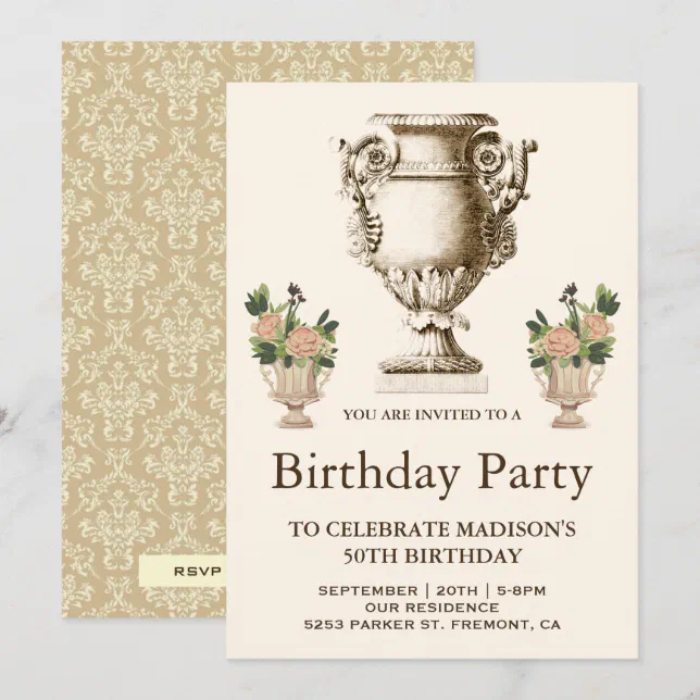 Vintage Elegant Victorian Vase Birthday Party Invitation | Zazzle