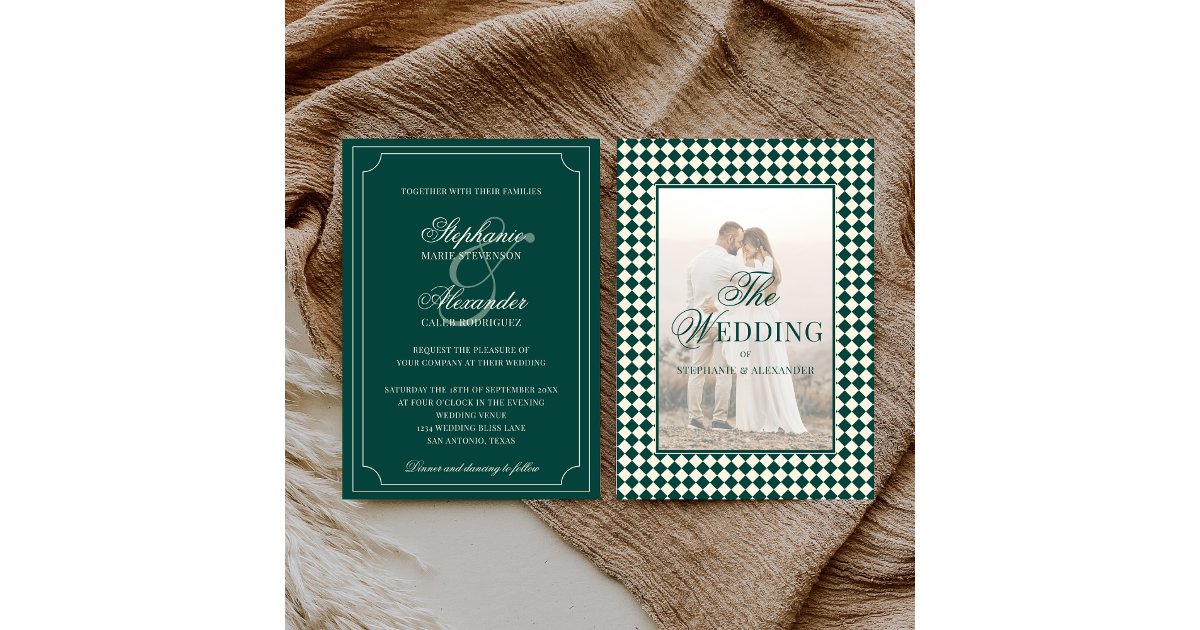 Vintage Emerald Checkered Old Money Photo Wedding Invitation | Zazzle