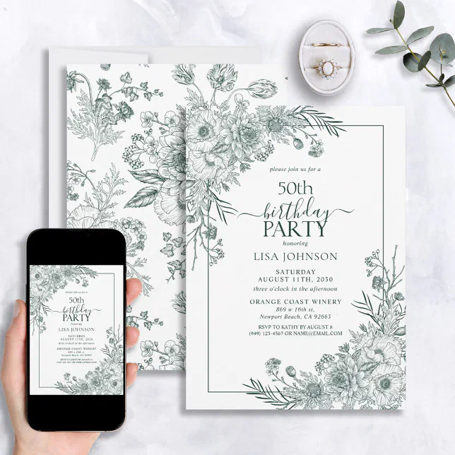 Vintage Emerald Floral Line Art 50th Birthday Invitation | Zazzle