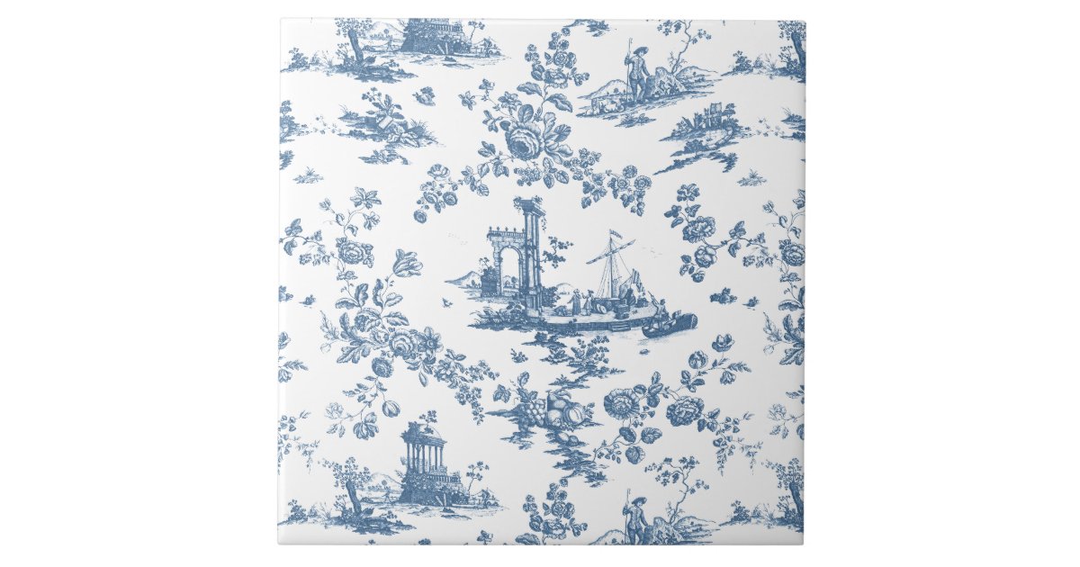 Vintage English Floral Toile de Jouy-Blue Ceramic Tile | Zazzle