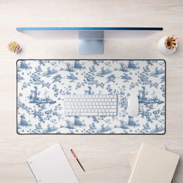 Vintage English Floral Toile de Jouy-Blue Desk Mat | Zazzle