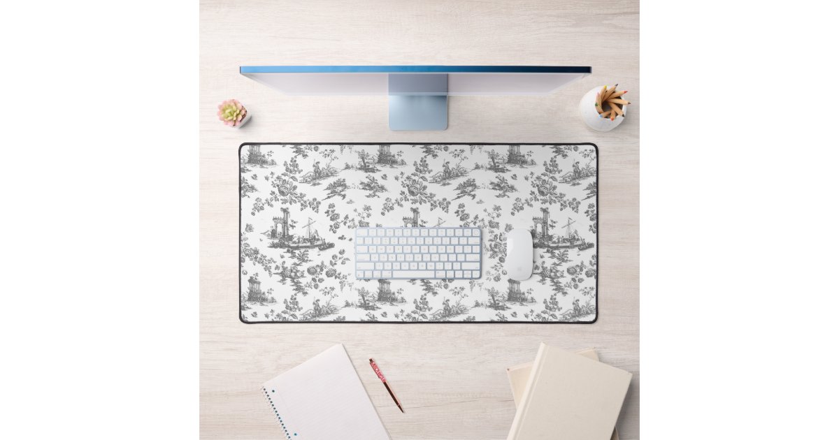 Vintage English Floral Toile de Jouy-Grey Desk Mat | Zazzle