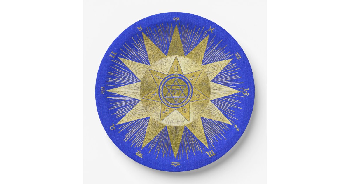 Vintage Esoteric Gold and Blue Zodiac Wheel Art Paper Plates | Zazzle