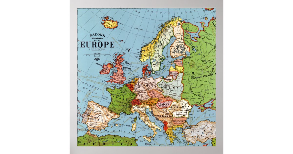 Vintage Europe 20th Century General Map Poster | Zazzle