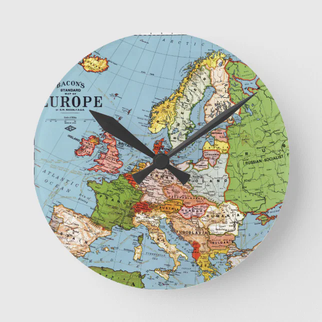 Vintage Europe 20th Century General Map Round Clock | Zazzle
