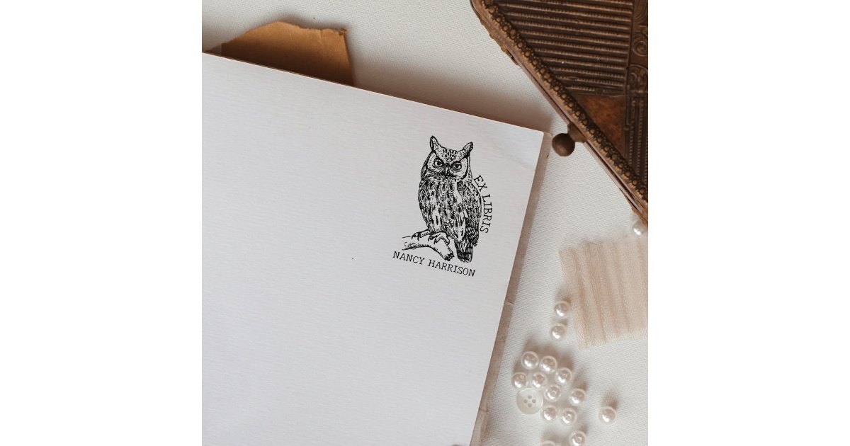 Vintage Ex Libris Owl, Custom Library Bookplate Rubber Stamp | Zazzle