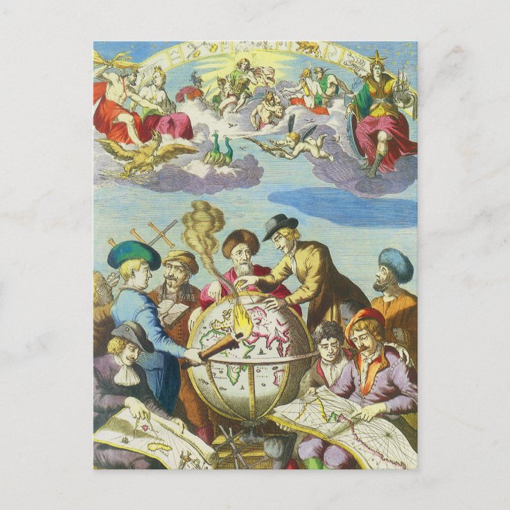 Vintage Explorers with Antique Globe Map, 1542 Postcard | Zazzle