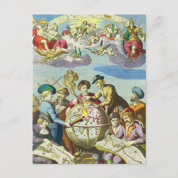 Vintage Explorers with Antique Globe Map, 1542 Postcard | Zazzle