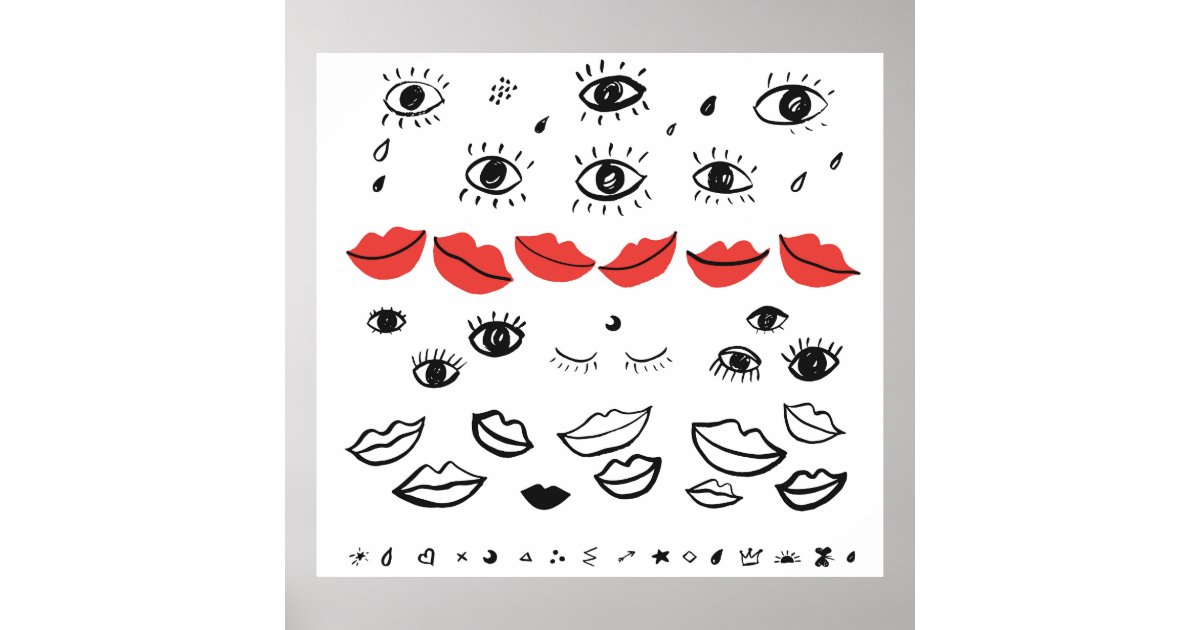 Vintage eyes, red lips pattern. poster | Zazzle