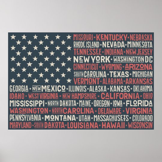 Vintage Faded American Flag State Names Words Poster | Zazzle.com