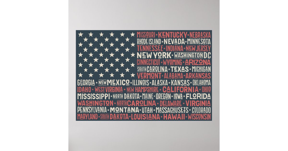 Vintage Faded American Flag State Names Words Poster | Zazzle