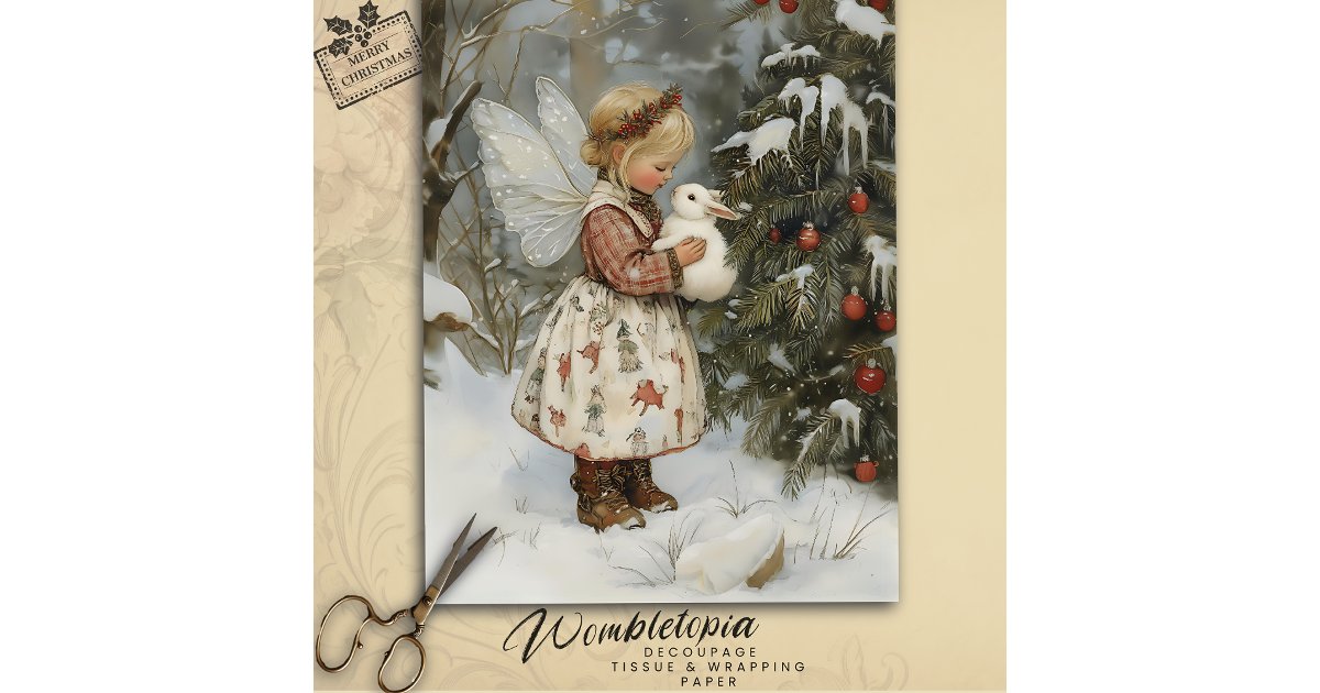 Vintage Fairy and Bunny by Christmas Tree in Snow Tissue Paper | Zazzle