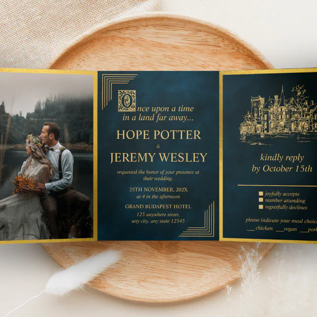 Vintage Fairy Tale Book Gold Emerald Magical Tri-Fold Invitation | Zazzle