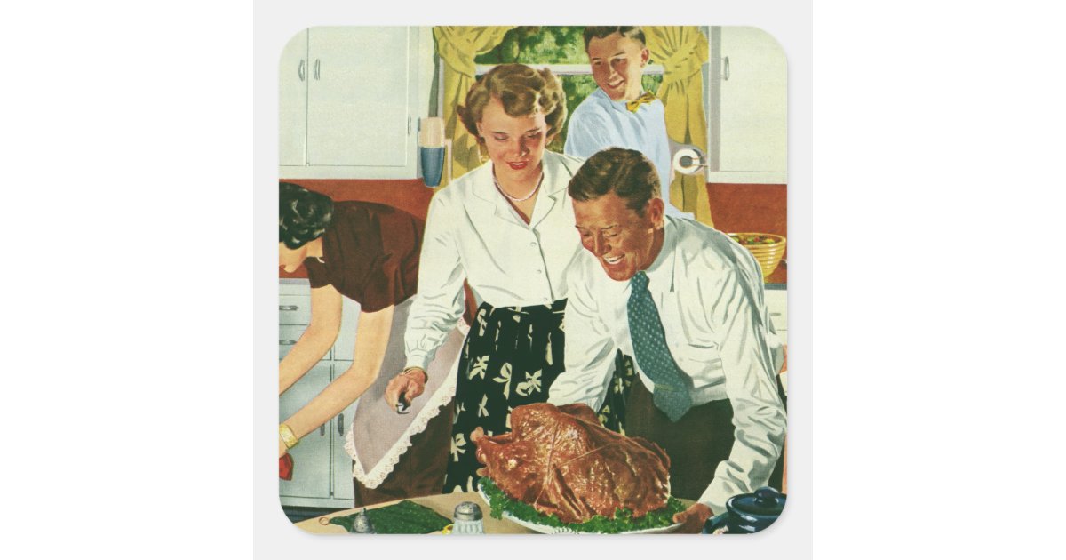 Vintage Family Cooking Thanksgiving Dinner Kitchen Square Sticker | Zazzle