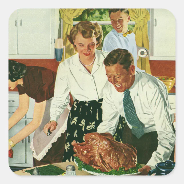 Vintage Family Cooking Thanksgiving Dinner Kitchen Square Sticker | Zazzle