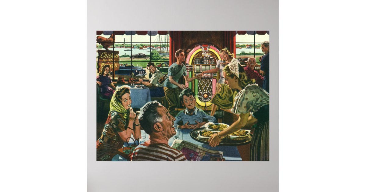Vintage Family Dinner at a Diner with a Jukebox Poster | Zazzle