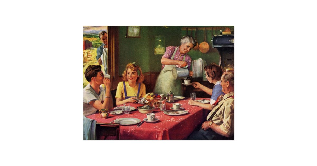 Vintage Family Eating Breakfast in the Kitchen Postcard | Zazzle.com