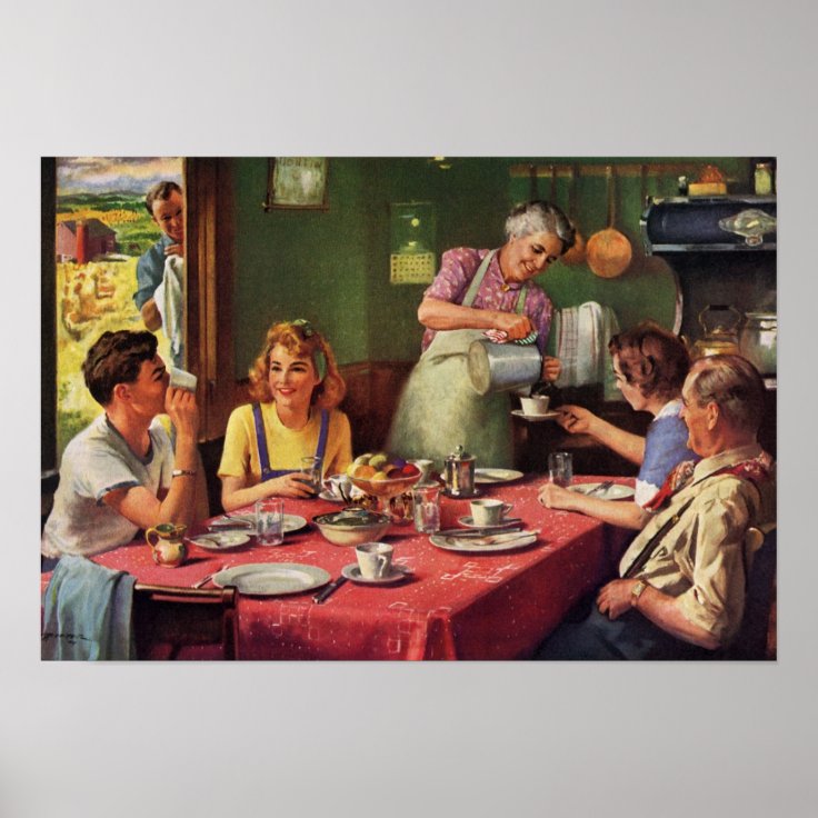 Vintage Family Eating Breakfast in the Kitchen Poster | Zazzle