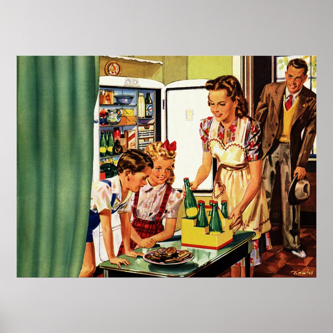 Vintage Family in the Kitchen Mom Dad Kids Snack Poster | Zazzle