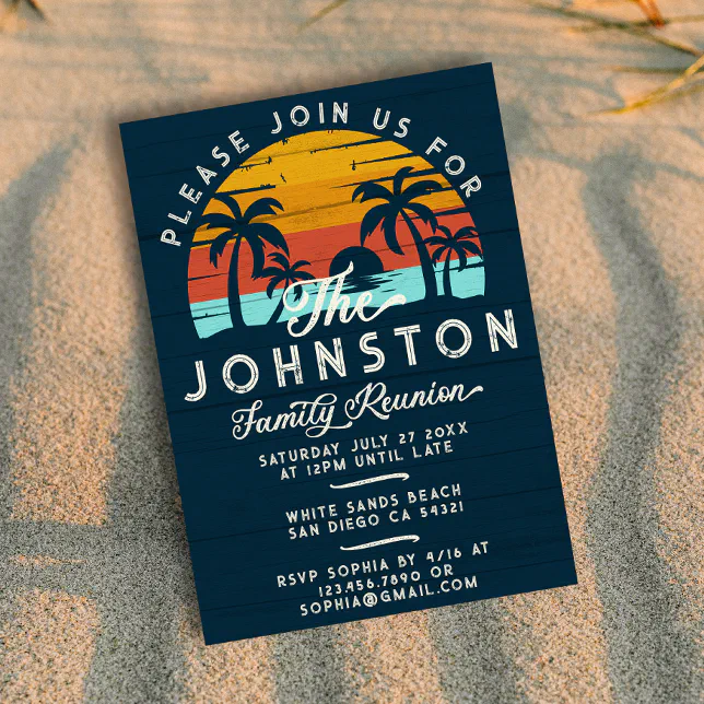 Vintage Family Reunion Retro Sunset Beach Palms Invitation | Zazzle