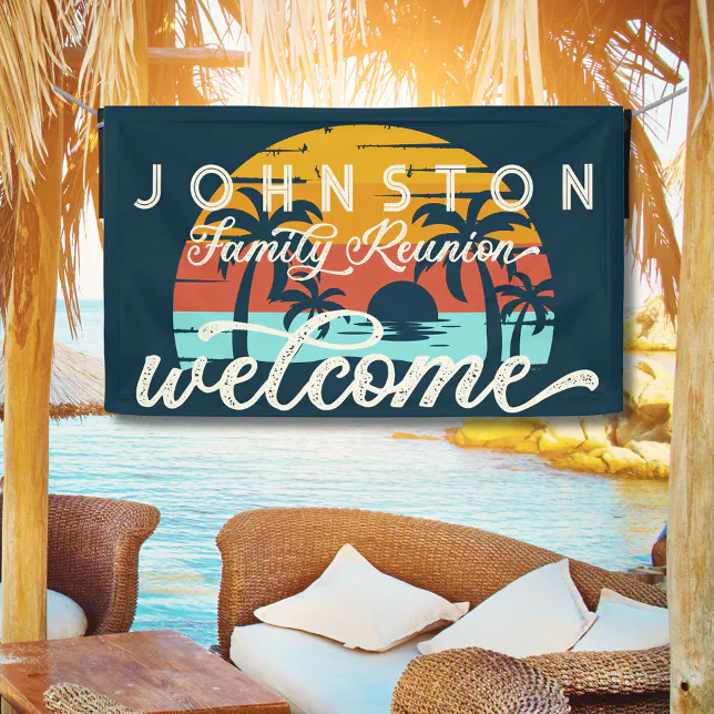 Vintage Family Reunion Sunset Beach Palms Welcome Banner | Zazzle
