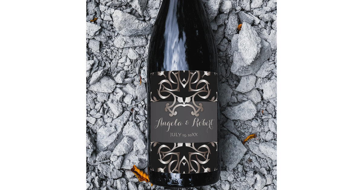 Vintage Fancy Elegant Bronze Black Baroque Wedding Wine Label | Zazzle