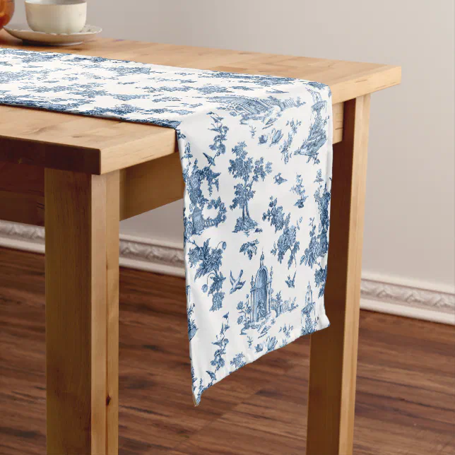 Vintage Fantastic Fountains and Trees Toile-Blue Long Table Runner | Zazzle
