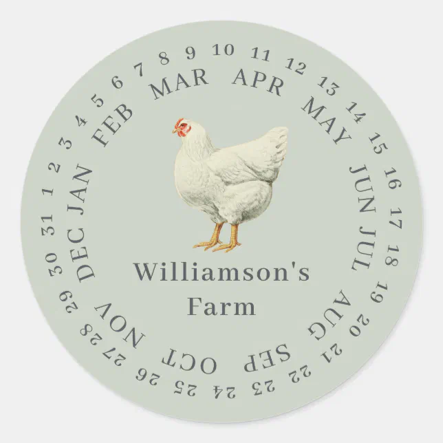 Vintage Farm Hen Encircled Date Egg Carton Green Classic Round Sticker ...