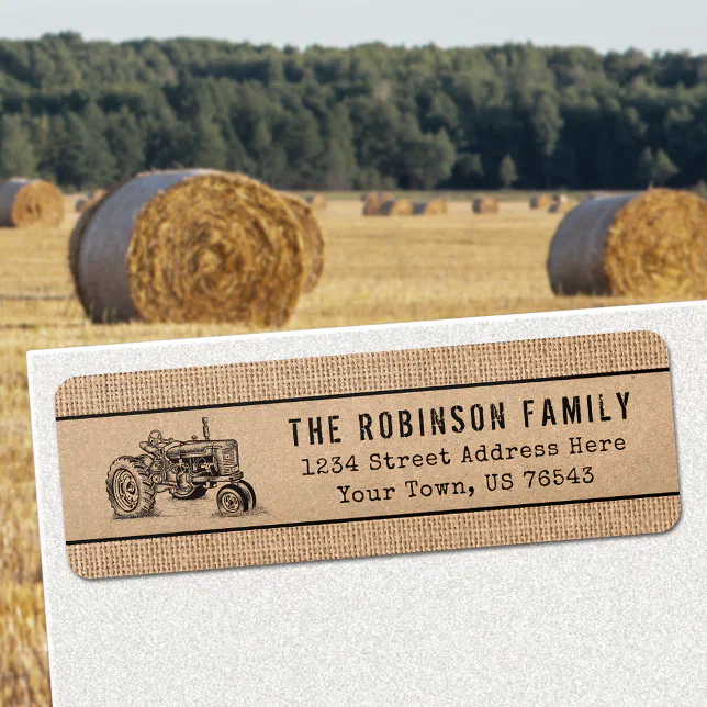 Vintage Farm Tractor Rustic Kraft Burlap Print Label | Zazzle
