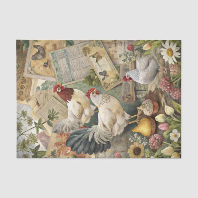 Vintage Farmhouse Rooster and Chicken Collage Tissue Paper | Zazzle