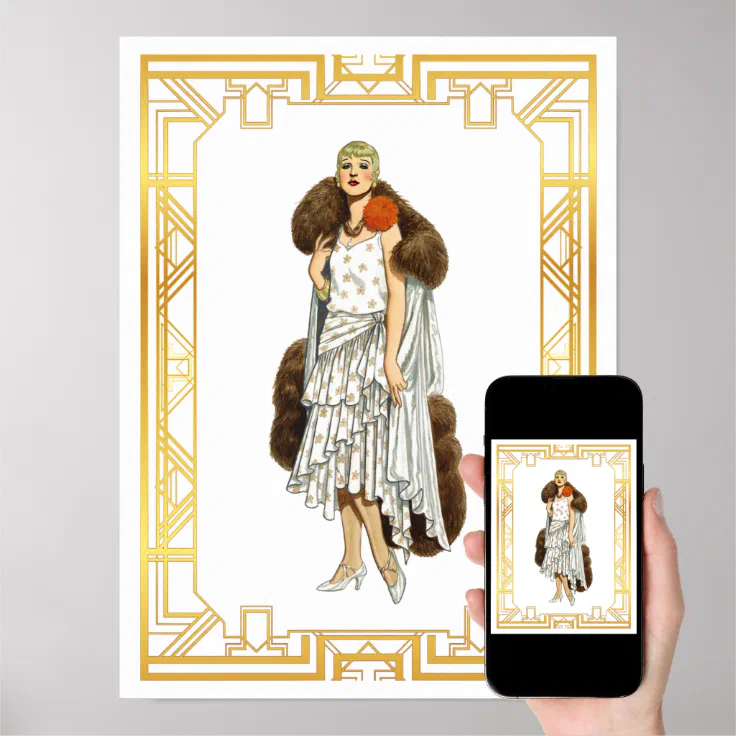 Vintage Fashion Flapper Fur Cape Evening Gown Poster | Zazzle