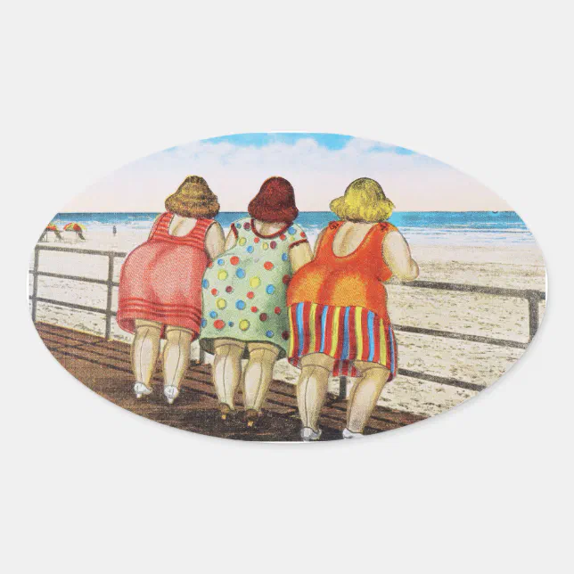 Vintage Fat Bottomed Girls at Beach Oval Sticker | Zazzle