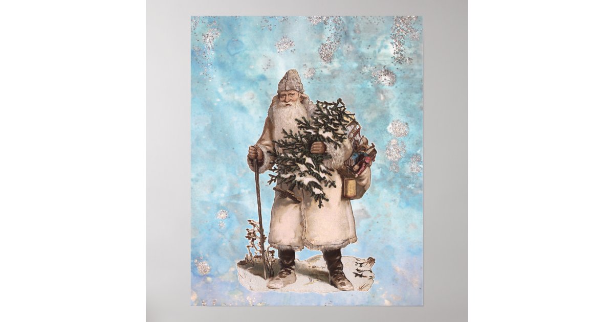 Vintage Father Christmas Santa Silver Snow Falling Poster | Zazzle