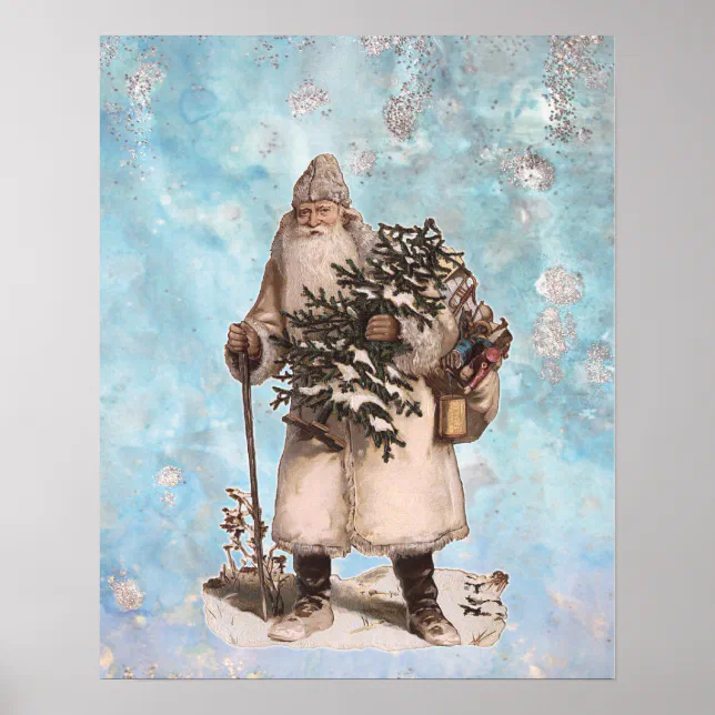 Vintage Father Christmas Santa Silver Snow Falling Poster | Zazzle