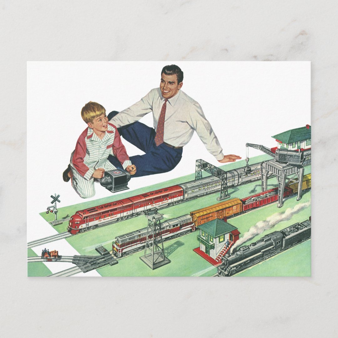 Vintage Father's Day, Dad and Son with Trains Postcard | Zazzle
