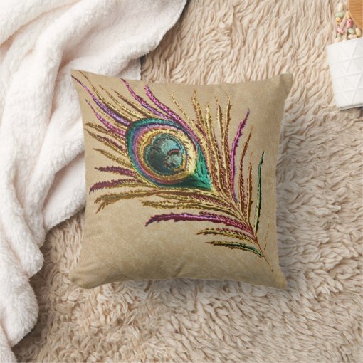 Vintage Faux Embroidered Peacock Feather Throw Pillow Zazzle
