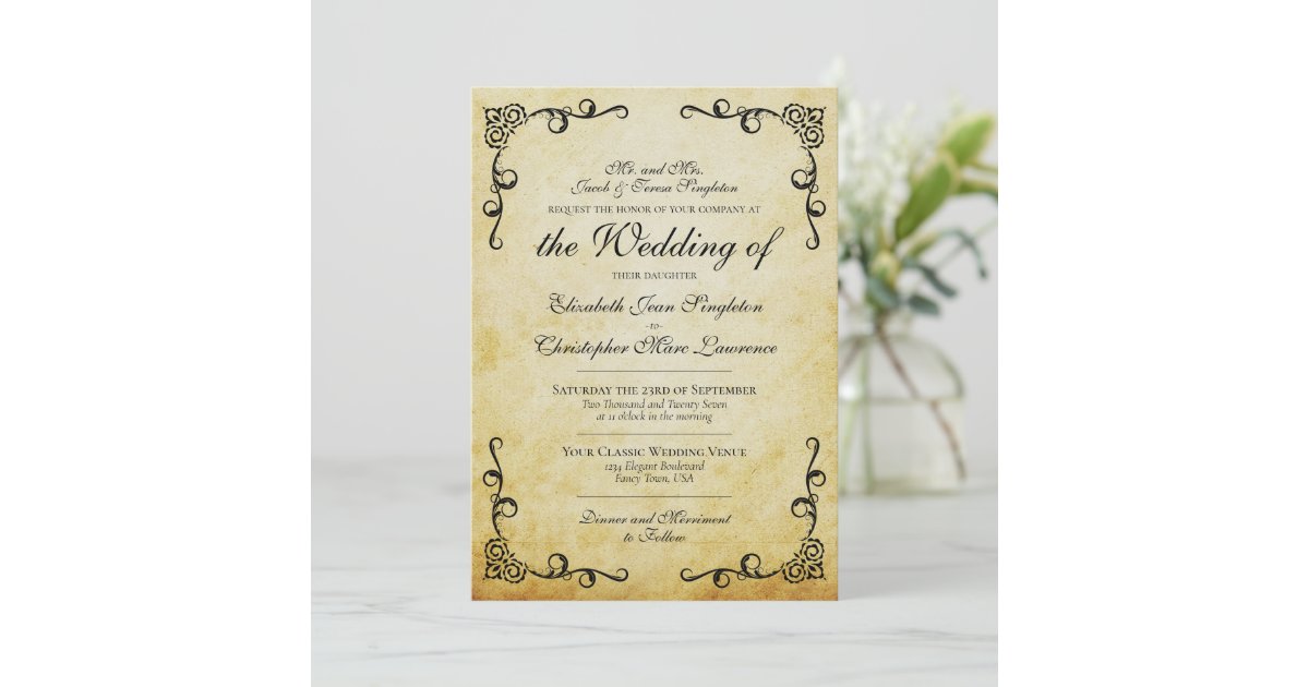 Vintage Faux Parchment Elegant Formal Wedding Invitation | Zazzle