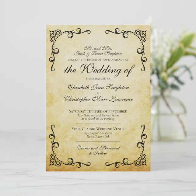 Vintage Faux Parchment Elegant Formal Wedding Invitation | Zazzle