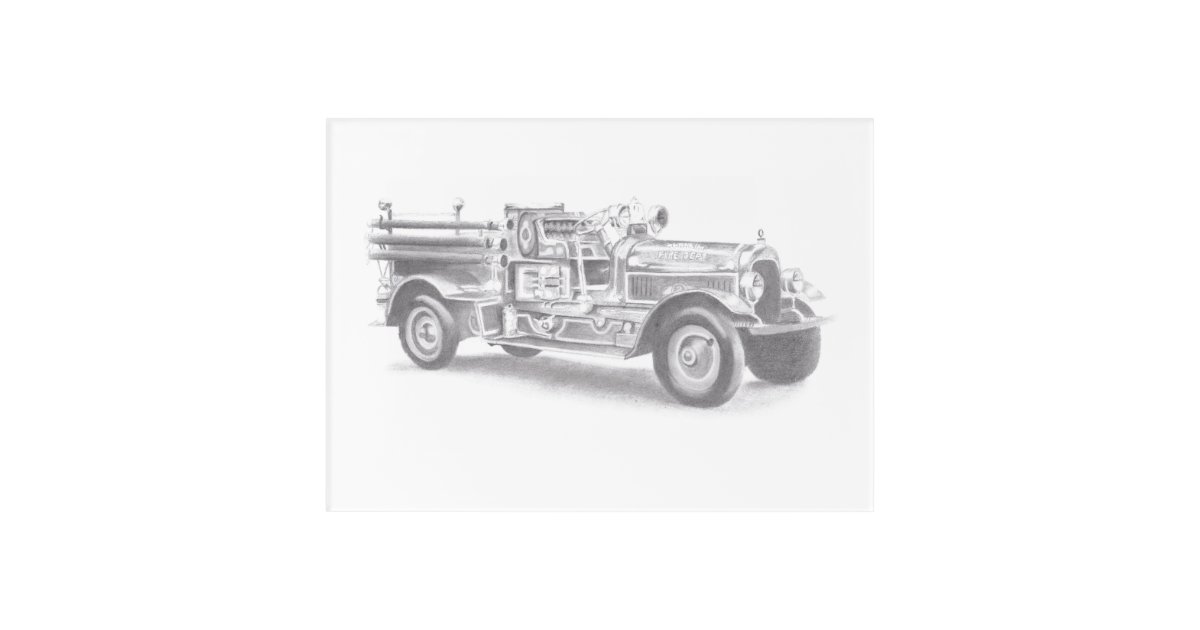 vintage firetruck pencil sketch fireman drawing acrylic print | Zazzle