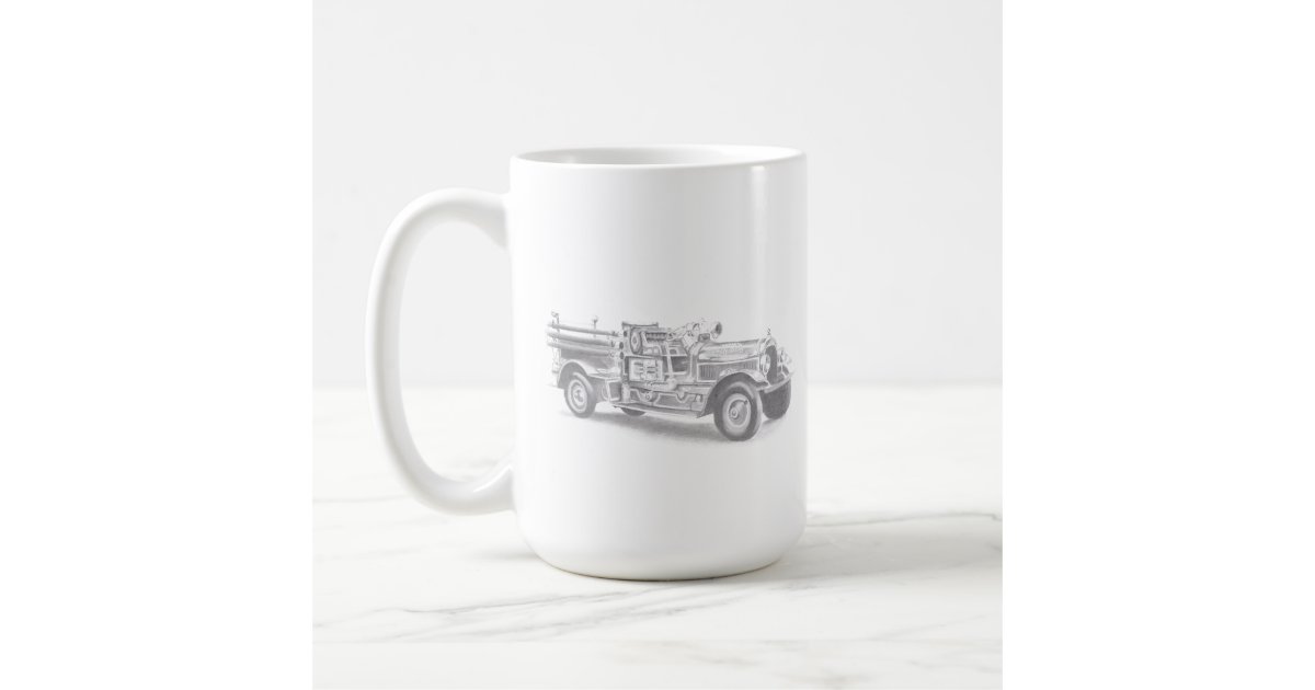 vintage firetruck pencil sketch fireman drawing coffee mug | Zazzle