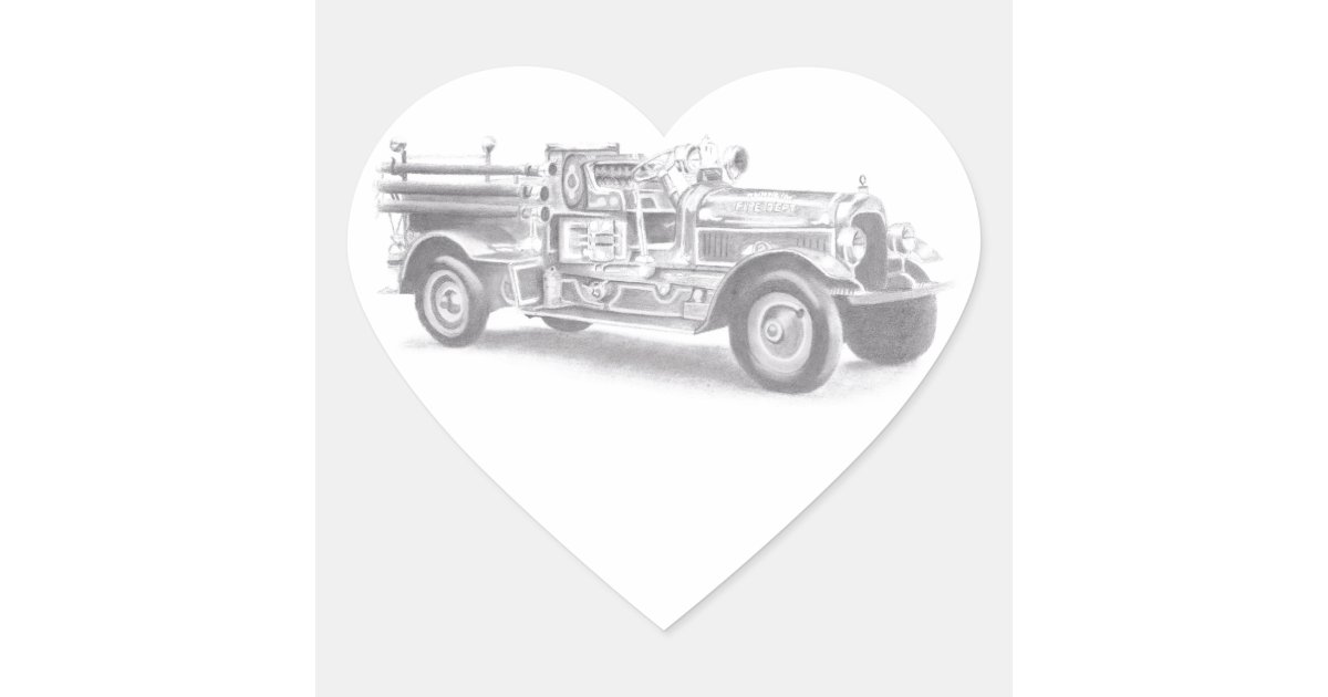 vintage firetruck pencil sketch fireman drawing heart sticker | Zazzle
