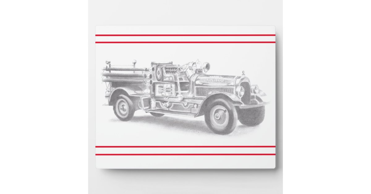 vintage firetruck pencil sketch fireman drawing plaque | Zazzle