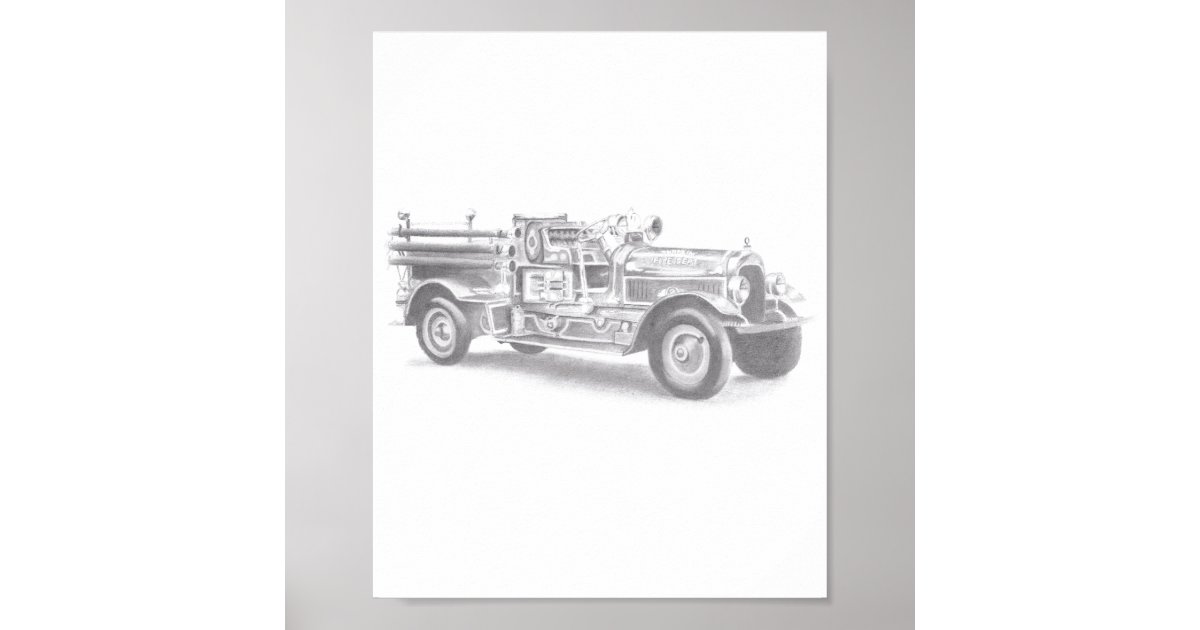 vintage firetruck pencil sketch fireman drawing poster | Zazzle