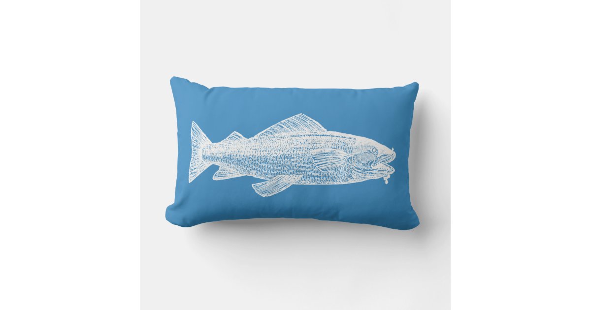 Vintage Fish Bright Blue and White Coastal Outdoor Lumbar Pillow | Zazzle