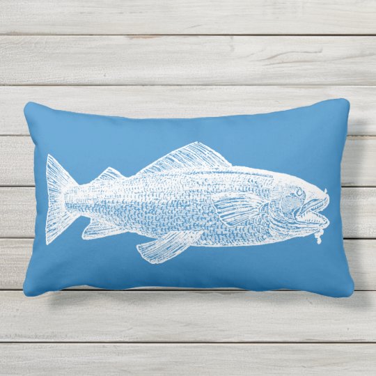Vintage Fish Bright Blue and White Coastal Outdoor Lumbar Pillow ...