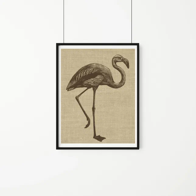 Vintage Flamingo Illustration on Burlap Poster | Zazzle