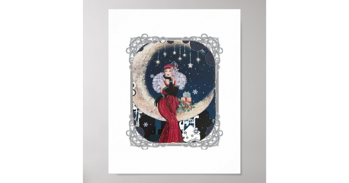 Vintage Flapper Woman on Crescent Moon Poster | Zazzle